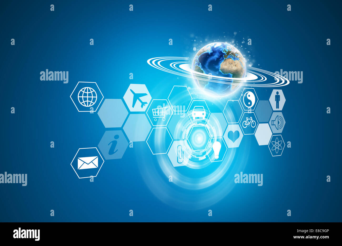 Earth and transparent hexagons with icons Stock Photo - Alamy