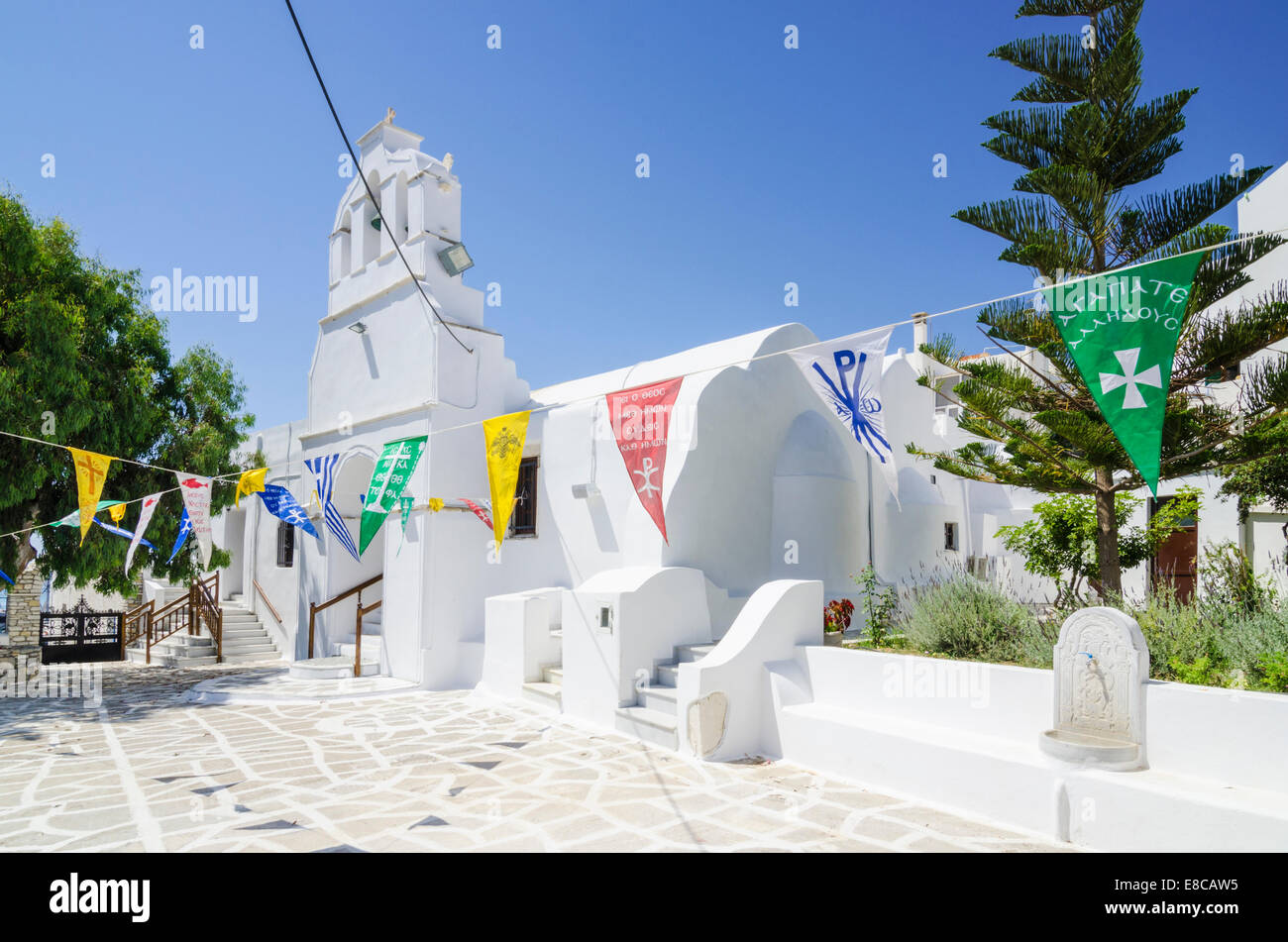 Flag decorated church in Naxos Town, Naxos Island, Cyclades, Greece ...