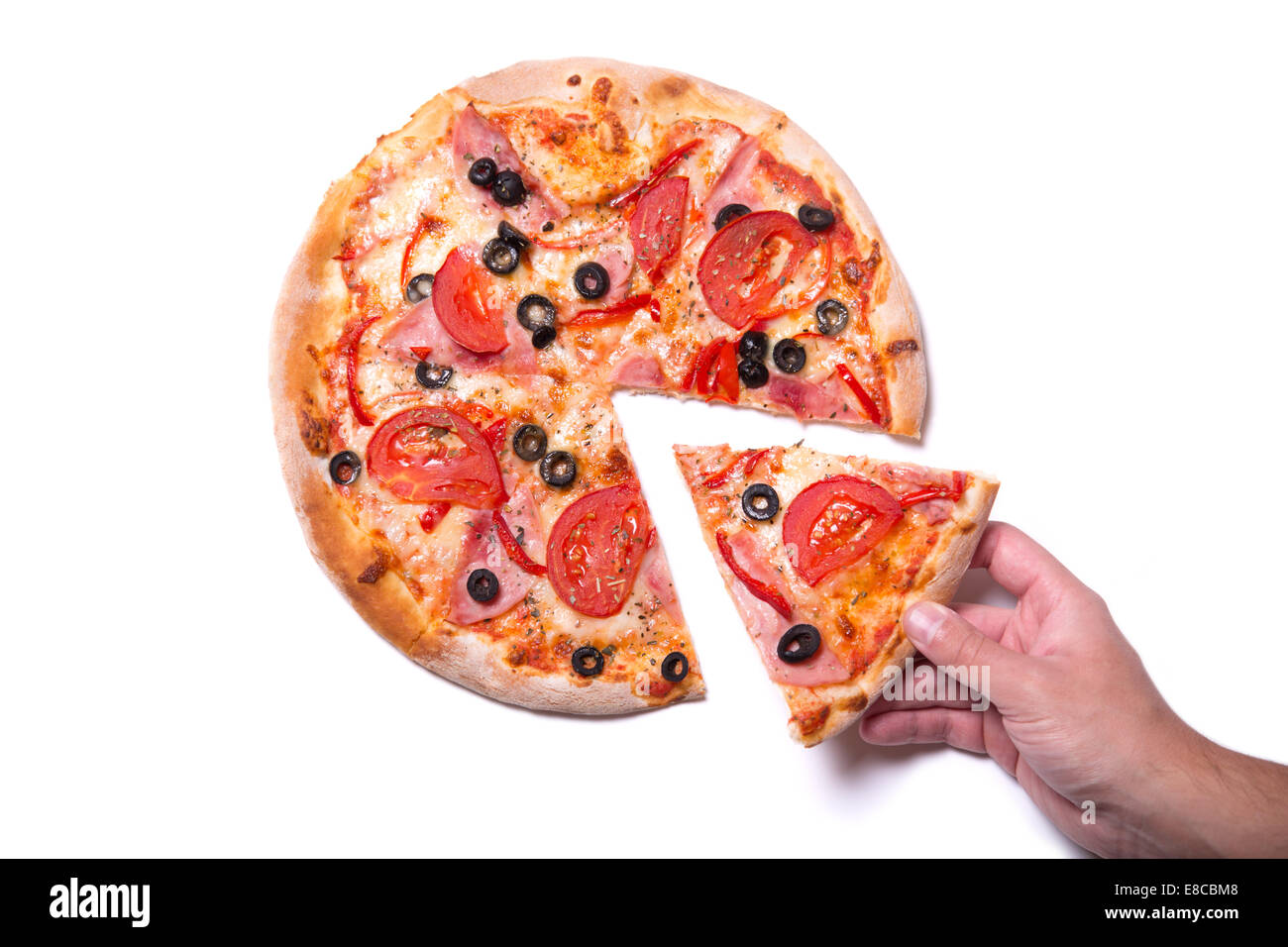 Male hand picking tasty pizza slice, isolated on white background Stock ...