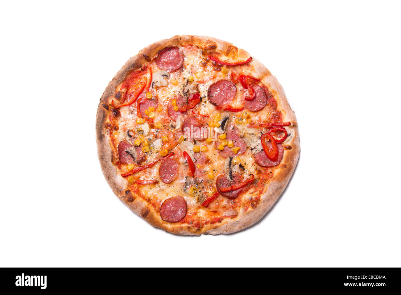 Delicious Italian pizza with pepperoni and mushrooms, top view isolated ...