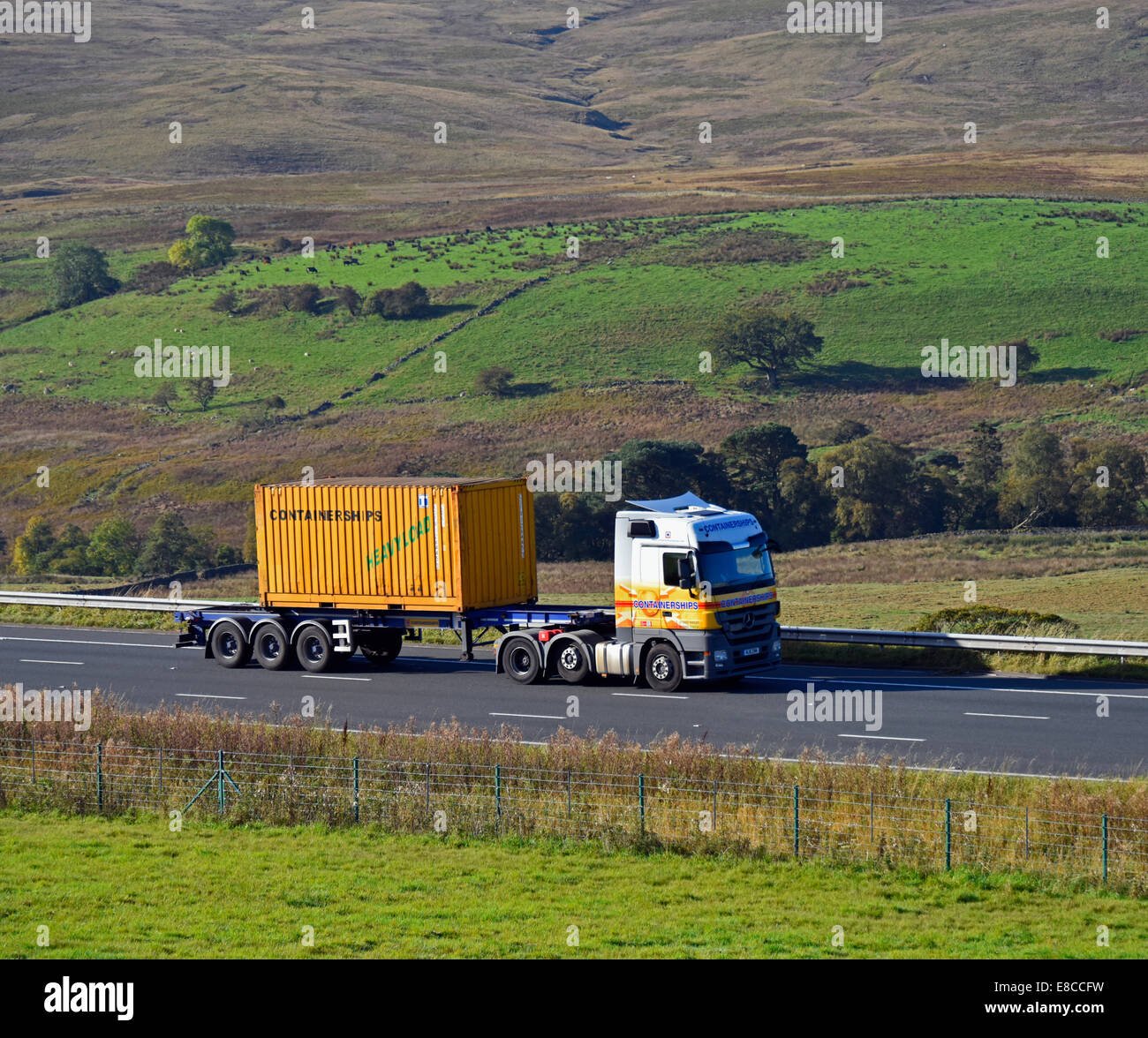 Containerships Heavyload container HGV. M6 Motorway, northbound. Shap ...