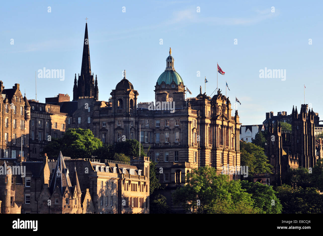Edinburgh Old Town skyline on a clear evening in June with blue sky ...
