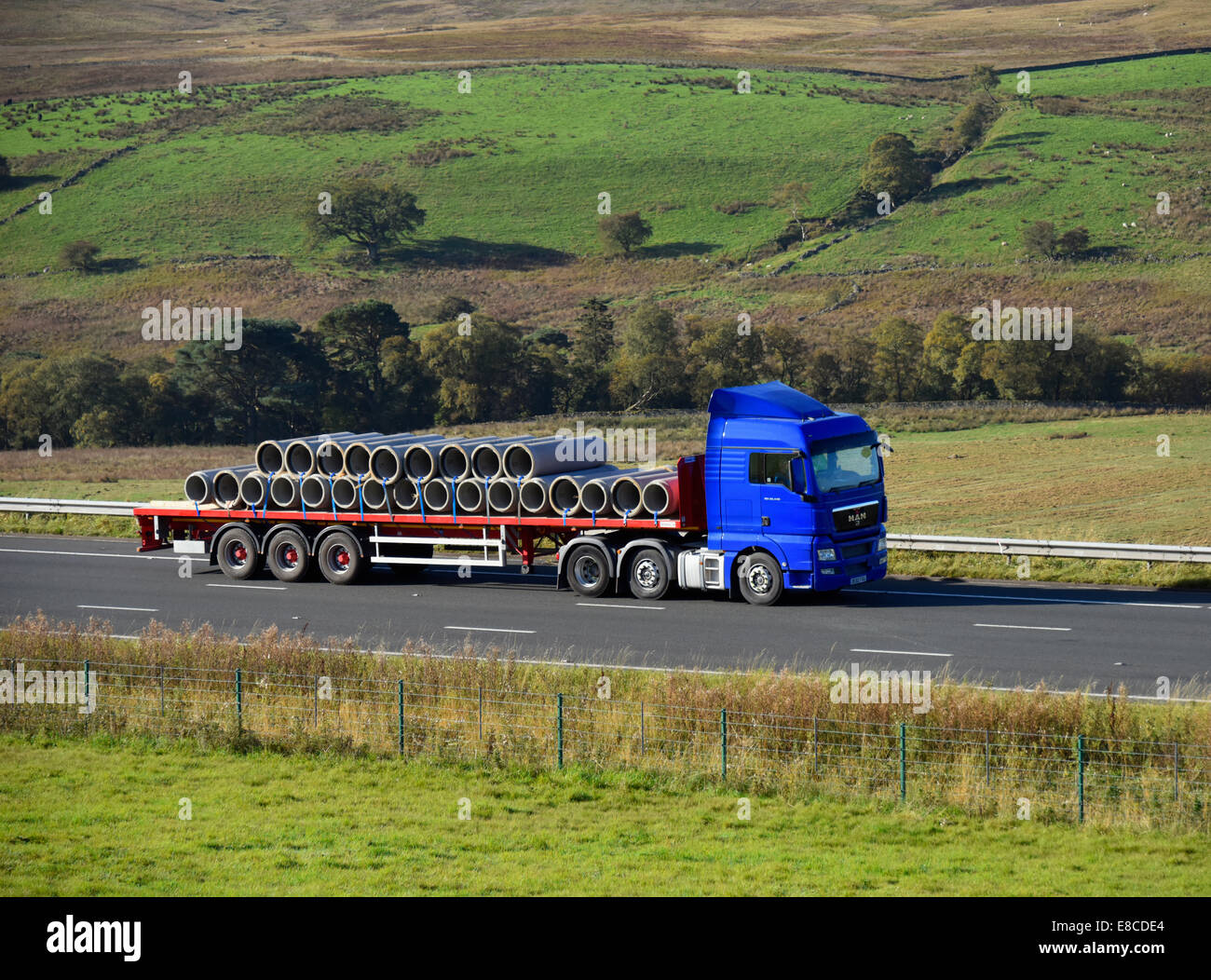 HGV with load of concrete pipes. M6 Motorway, northbound. Shap, Cumbria ...