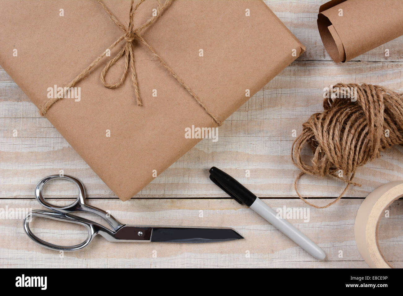 High angle shot of the tools and materials for wrapping a parcel Stock ...