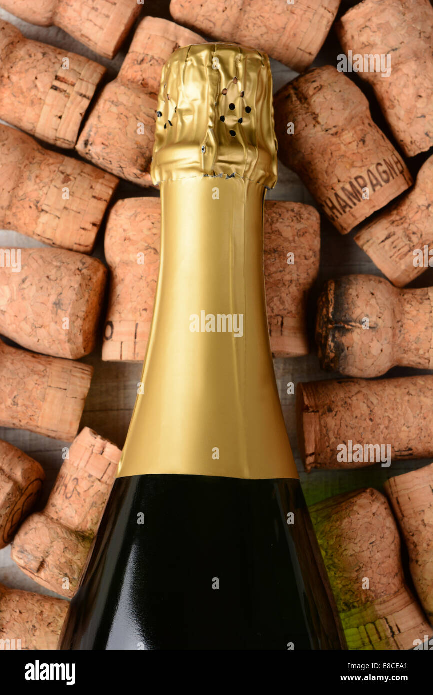High angle closeup shot of a champagne bottle laying on its side on top ...