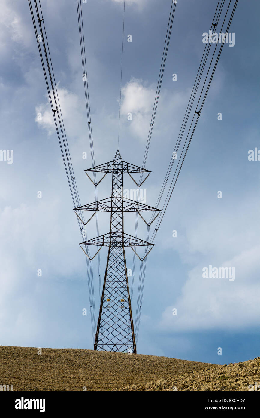 Power line pylon in a field with cables entering image from top Stock ...
