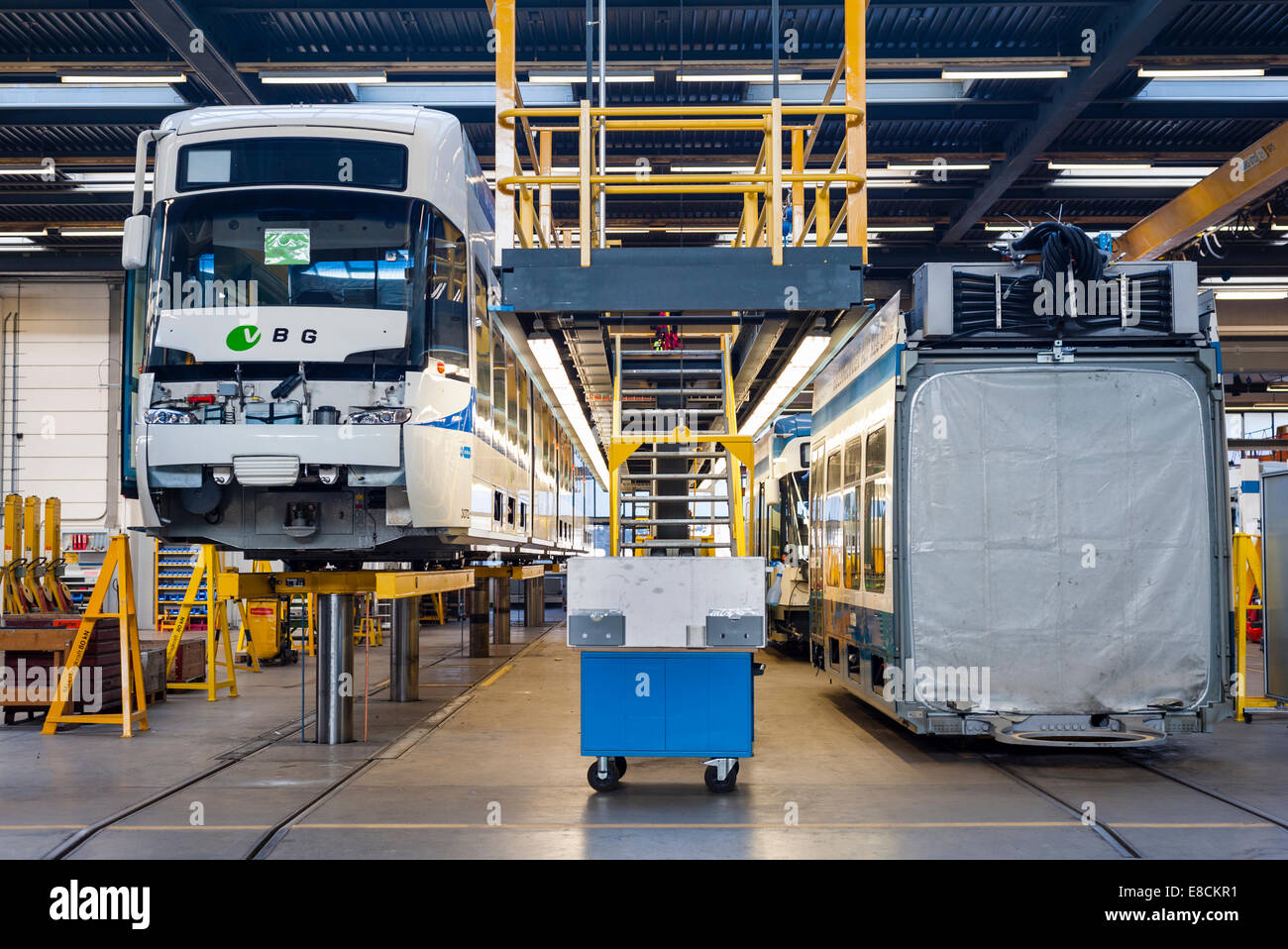 Zurich tramway trains and coaches during routine maintenance at Zurich ...
