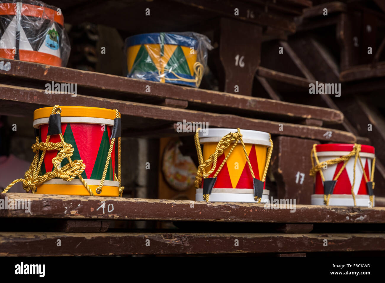 Toy drums in the colors of the Contradas of Siena, Tuscany, Italy Stock ...
