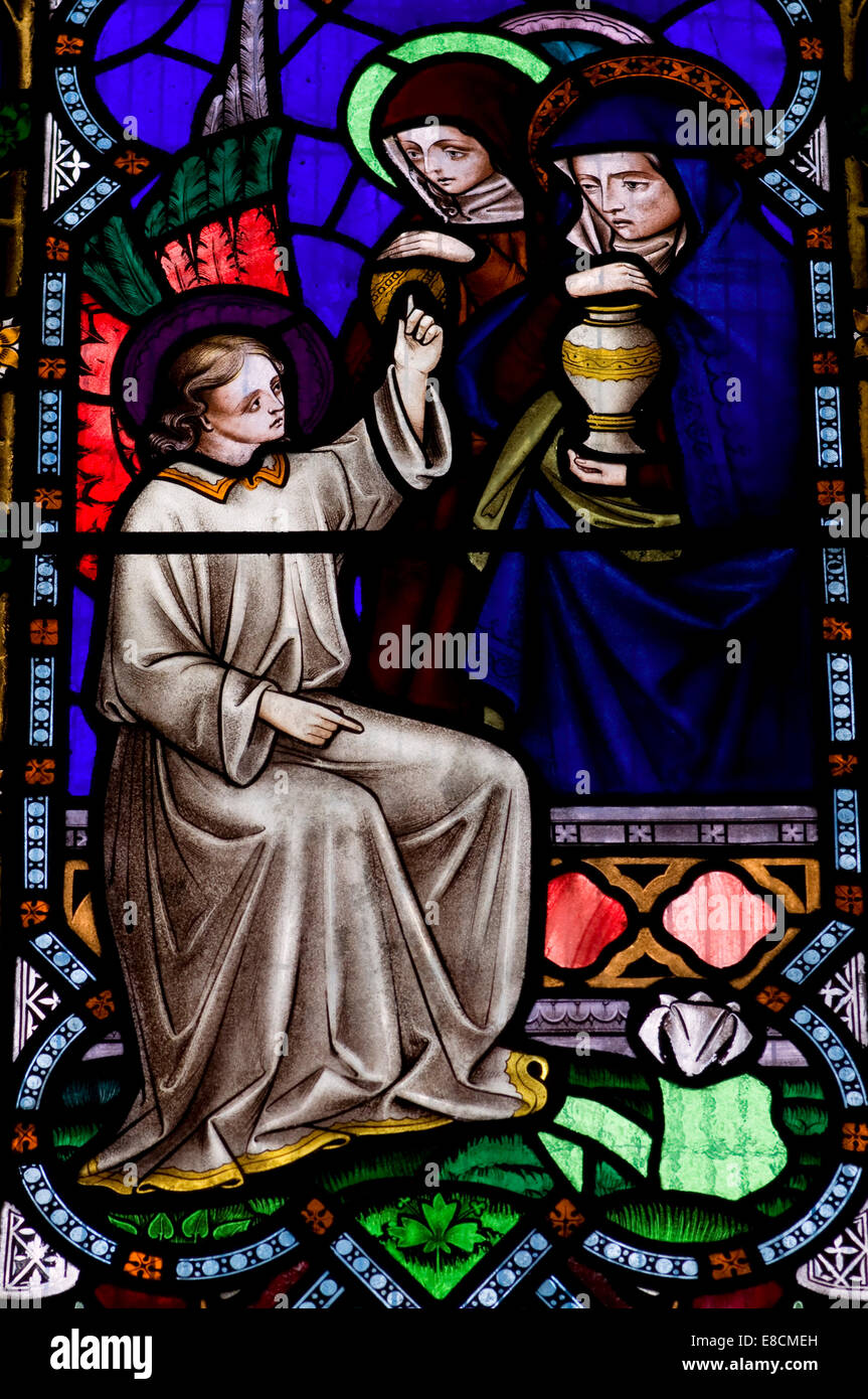 Stained glass angel receiving Mary Magdalene & Martha at Christ's tomb ...