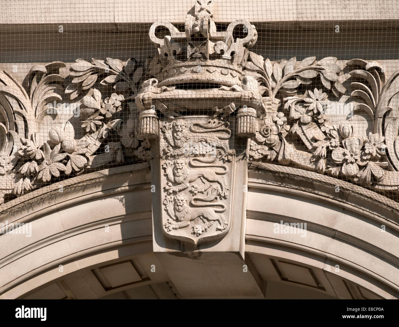 Detail of stonework carvings on the portico of the Central Library ...