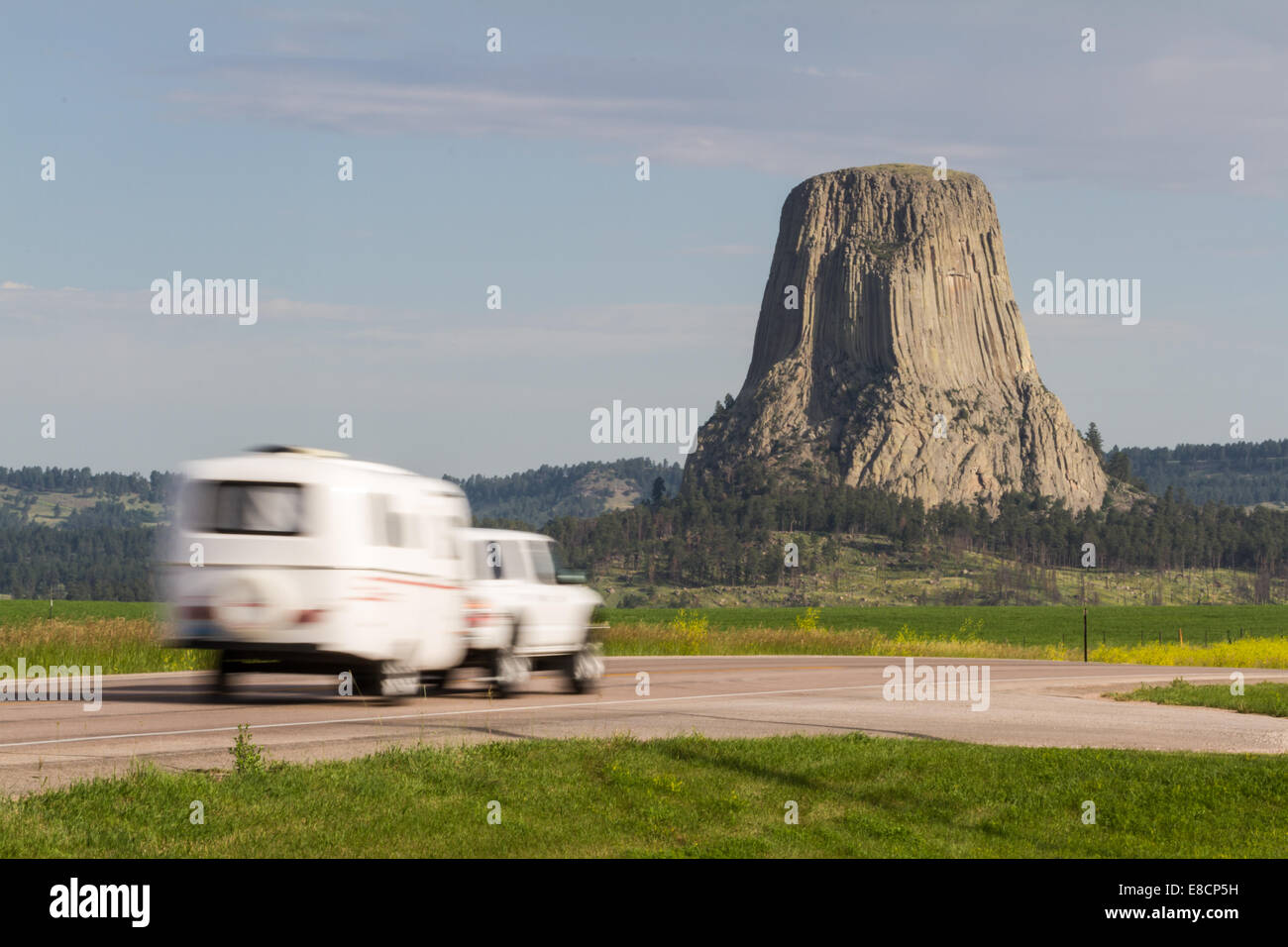 Roadside view of Devils Tower National Monument with a slow shutter ...