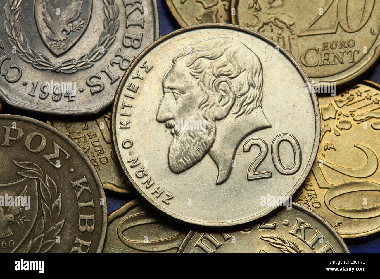 Coins of Cyprus. Greek philosopher Zeno of Citium depicted in the old ...
