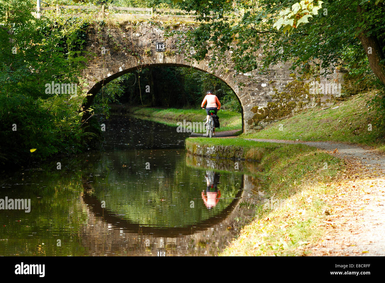 Young woman Cycling along a canal towpath Stock Photo - Alamy