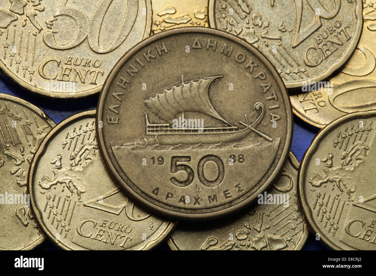 Coins of Greece. Ancient Greek sailing ship depicted in the old Greek ...