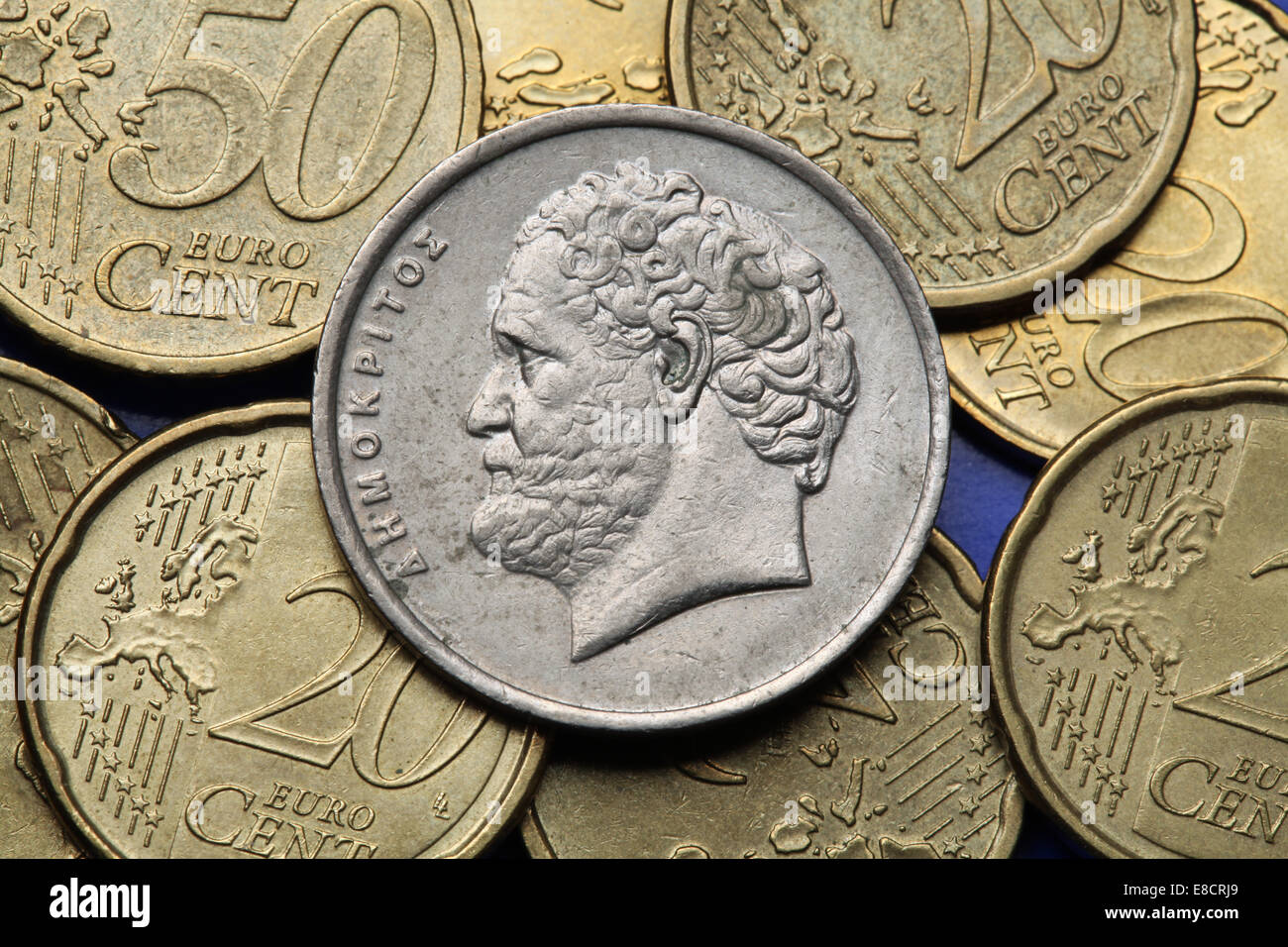 Coins of Greece. Greek philosopher Democritus depicted in the old Greek ...