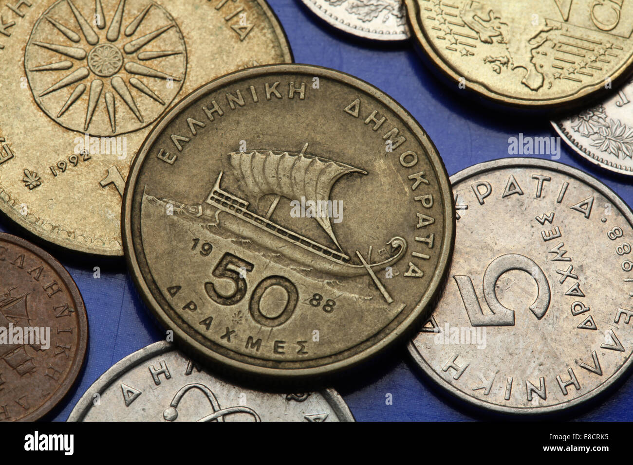 Coins of Greece. Ancient Greek sailing ship depicted in the old Greek ...