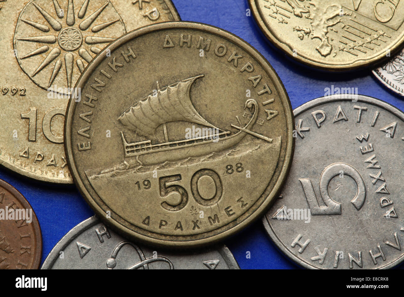 Coins of Greece. Ancient Greek sailing ship depicted in the old Greek ...