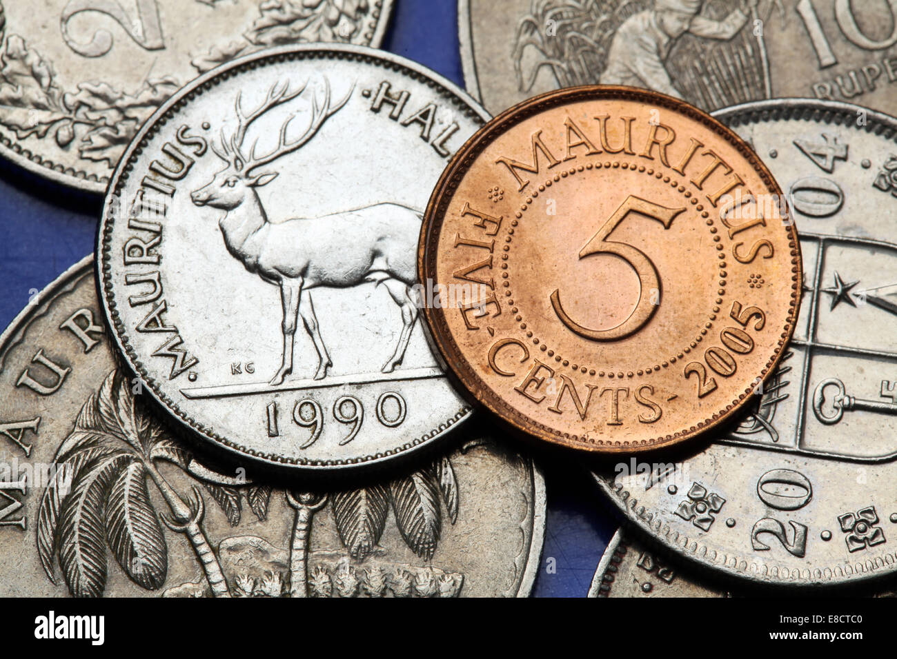 Coins of Mauritius. Mauritian rusa deer (Rusa timorensis) depicted in ...