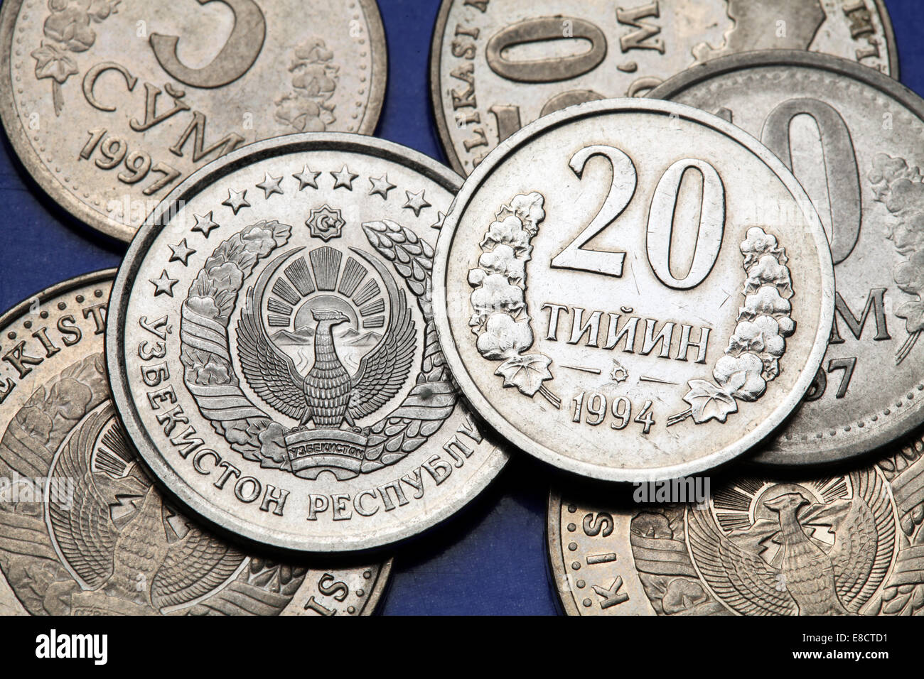Coins of Uzbekistan. State emblem of Uzbekistan depicted in the ...
