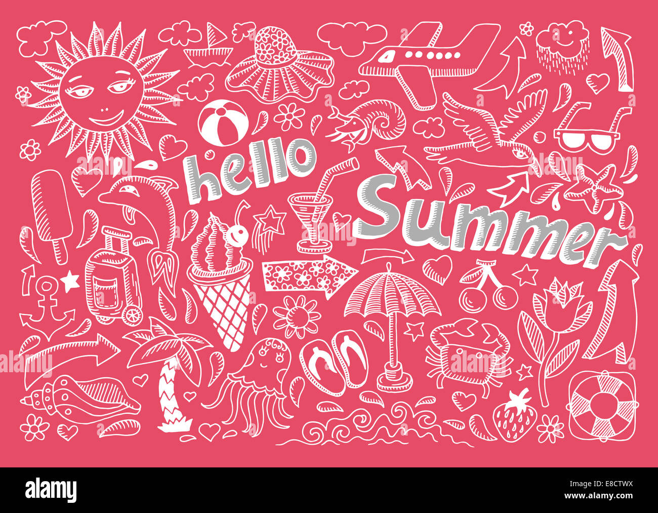 set of sketch design element summer theme with lettering Hello S Stock ...