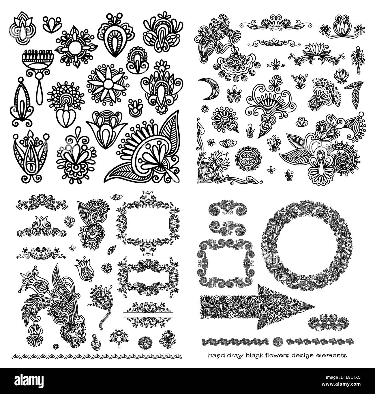 black line art ornate flower design collection Stock Photo - Alamy