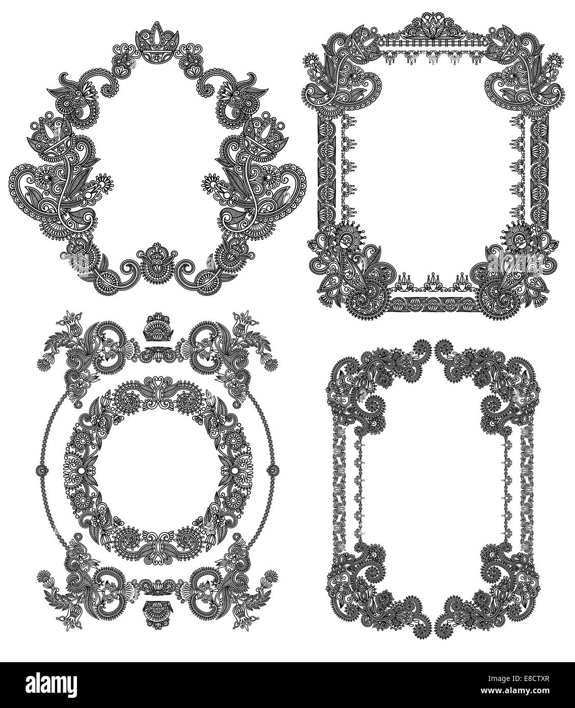 black line art ornate flower design frame collection, ukrainian Stock ...