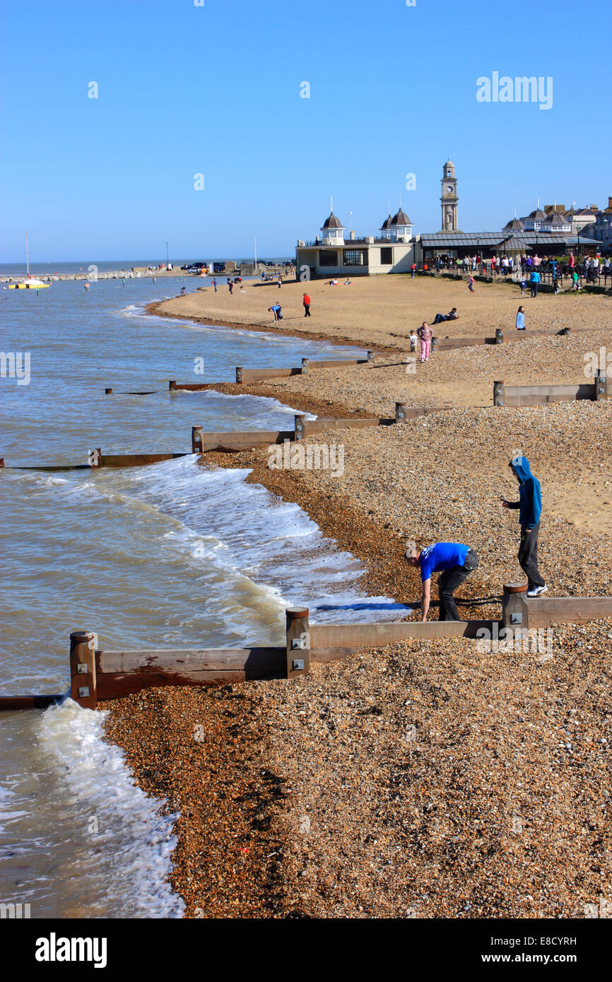 The seafront at Herne Bay on the Kent coast with people enjoying the ...