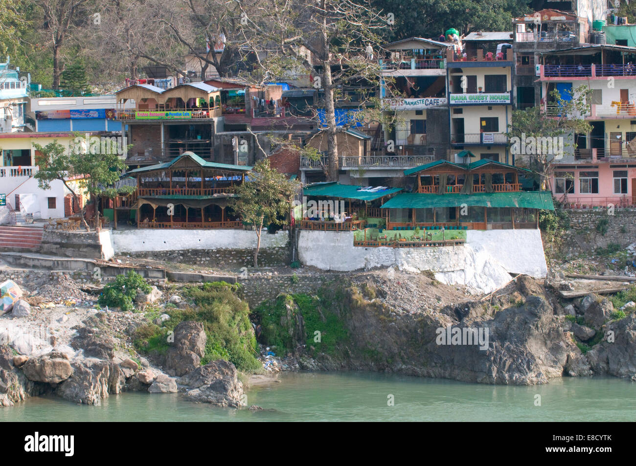 Life by the Ganges colourful houses bars temples Stock Photo - Alamy