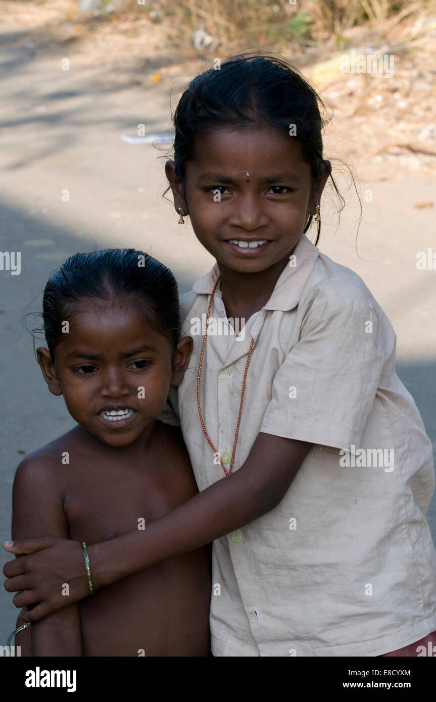 Two young smiling and loving Indian village girl children Stock Photo ...