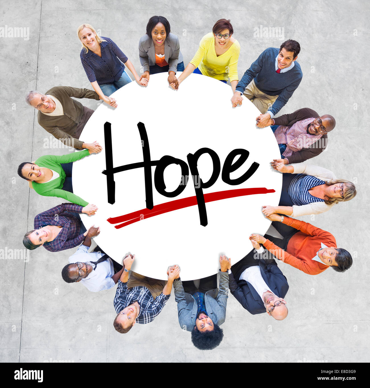 Group of People Holding Hands Around Letter Hope Stock Photo - Alamy