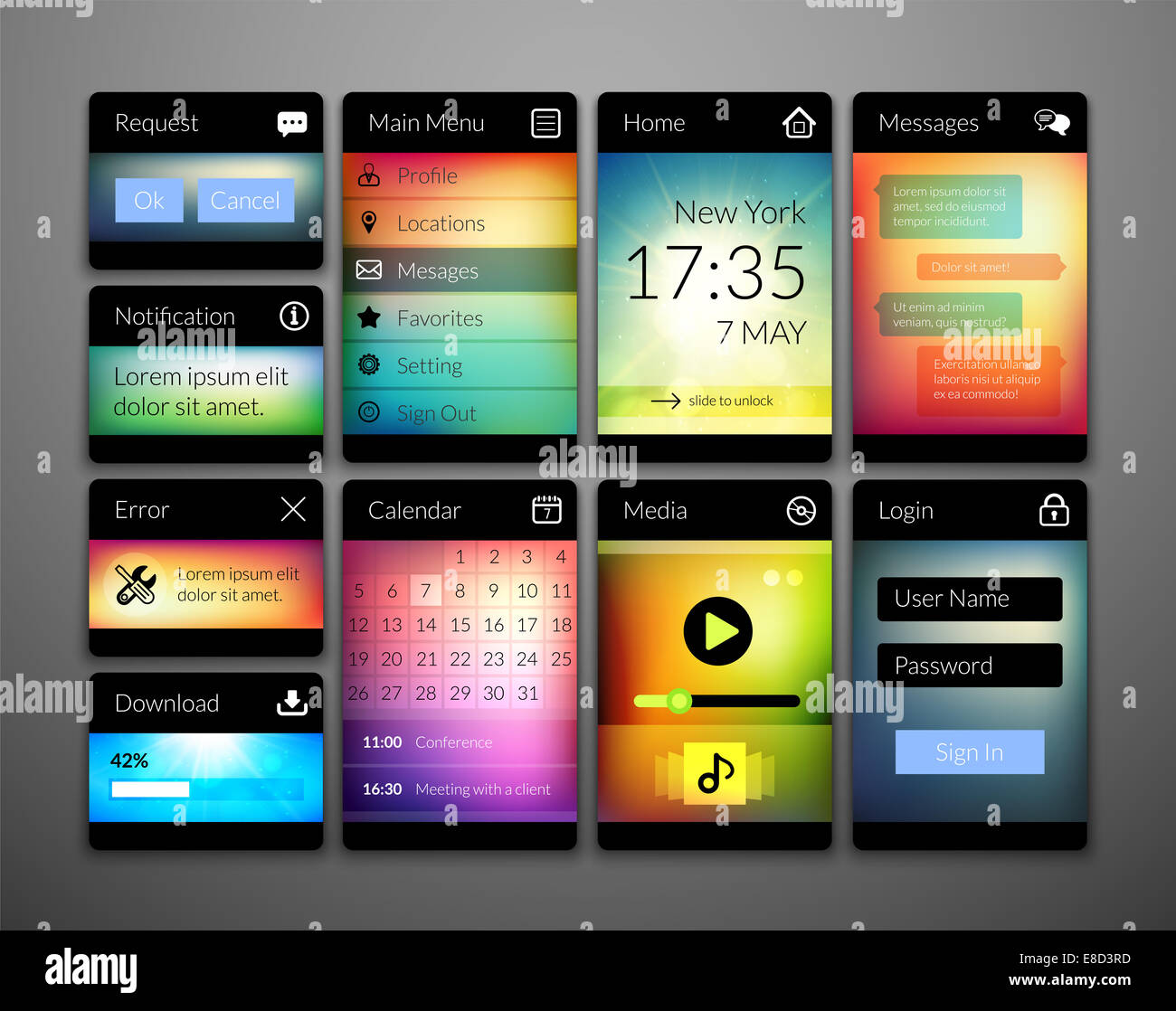 Mobile interface elements with colorful wallpaper, design for ...
