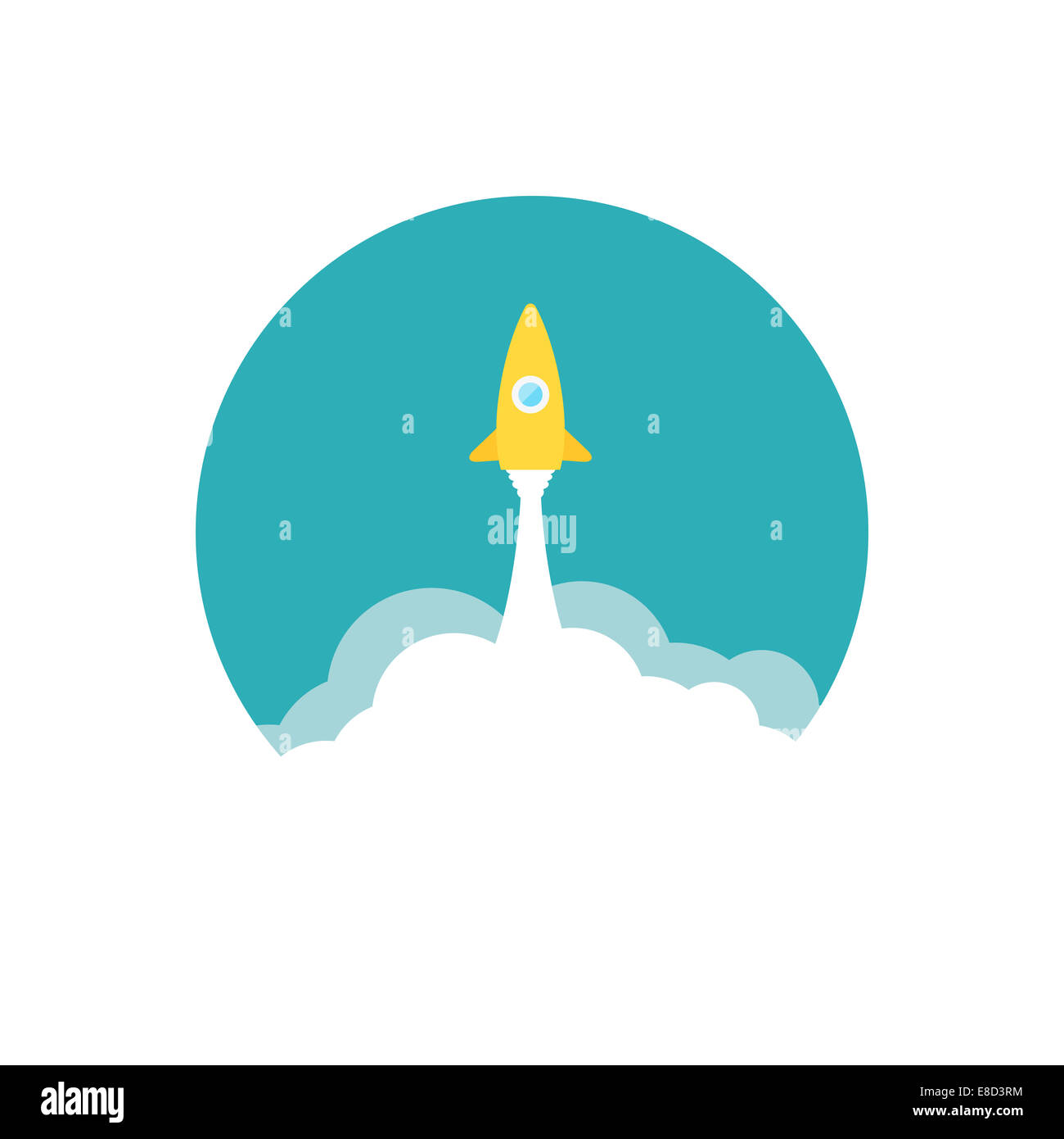 Yellow rocket and white cloud, circle icon in flat style, vector ...