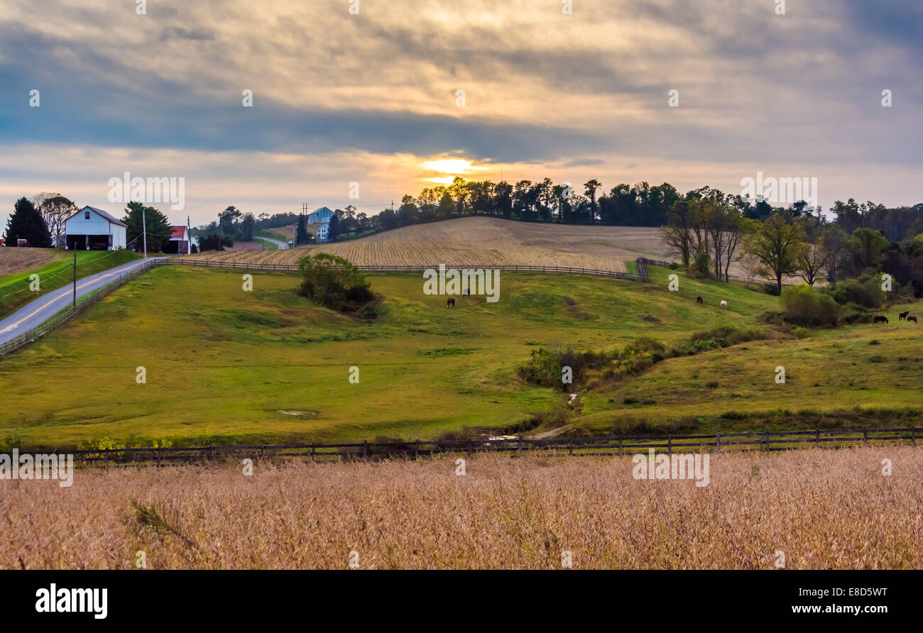 Sunset over farm fields and hills in Lancaster County, Pennsylvania ...