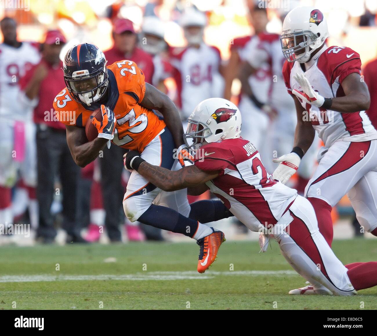 Denver, Colorado, USA. 5th Oct, 2014. Broncos RB RONNIE HILLMAN, left ...