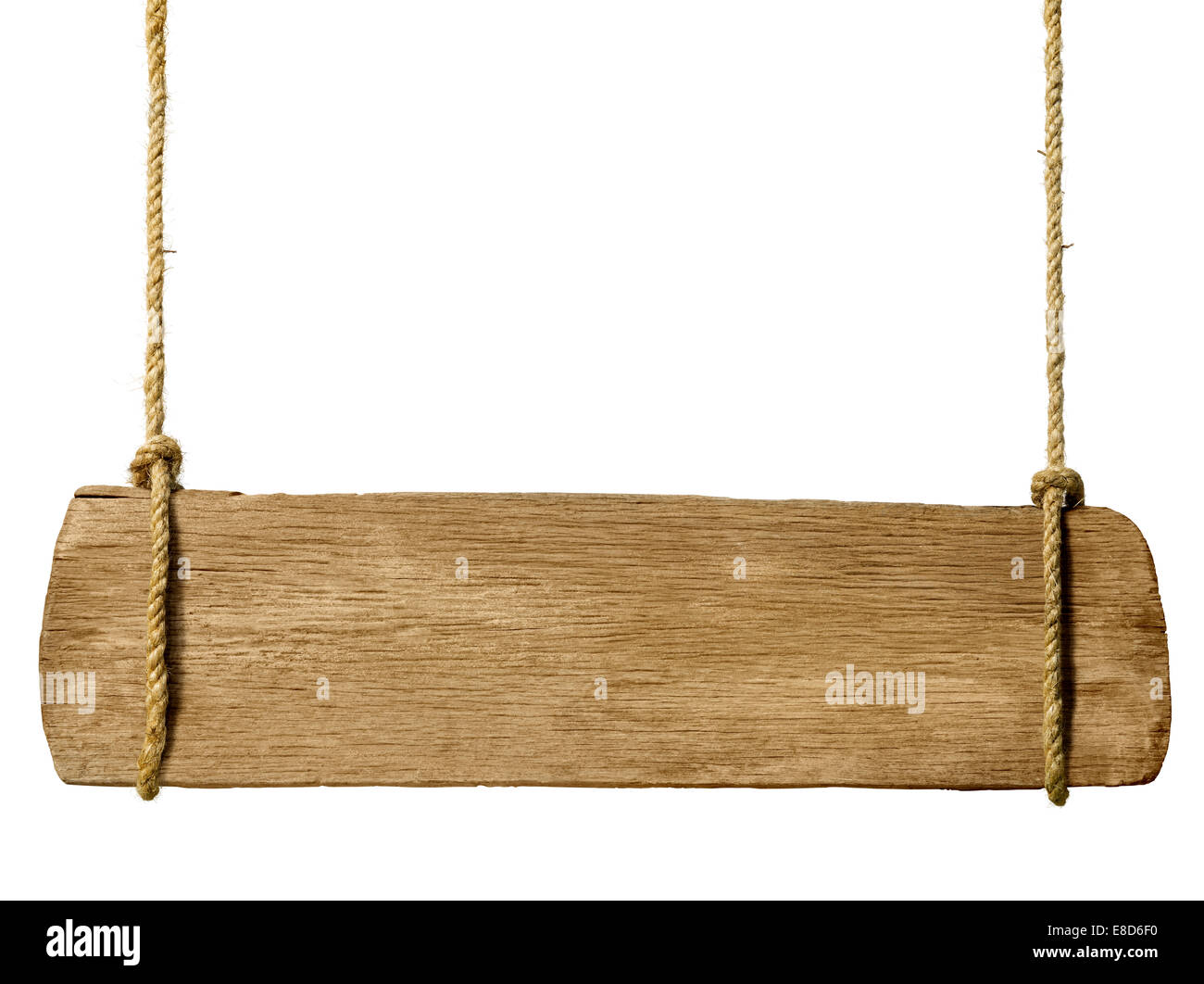 Wooden sign hanging from ropes Stock Photo - Alamy