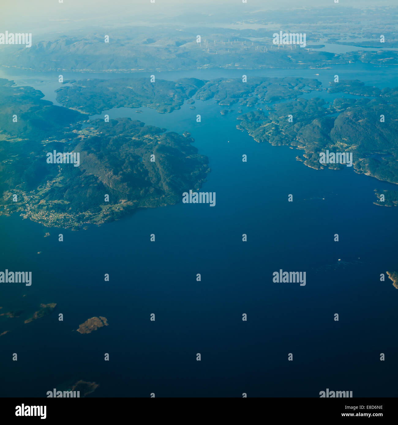 Birds eye. View from window of plane airplane flying over Norway ...