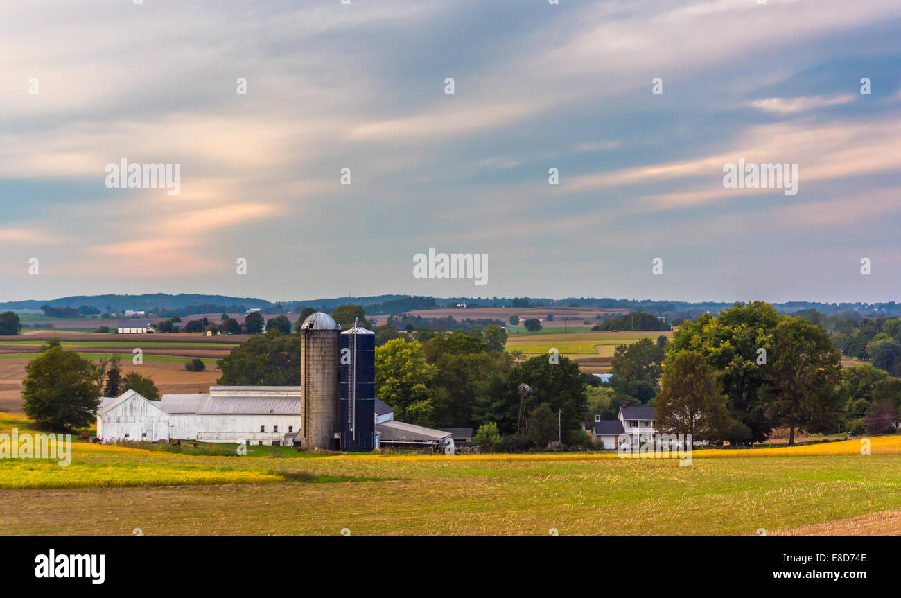 View of a barn and silos on a farm in rural Lancaster County ...