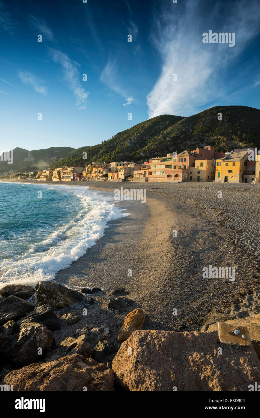Typical houses on the beach in the evening light, Varigotti, Finale ...
