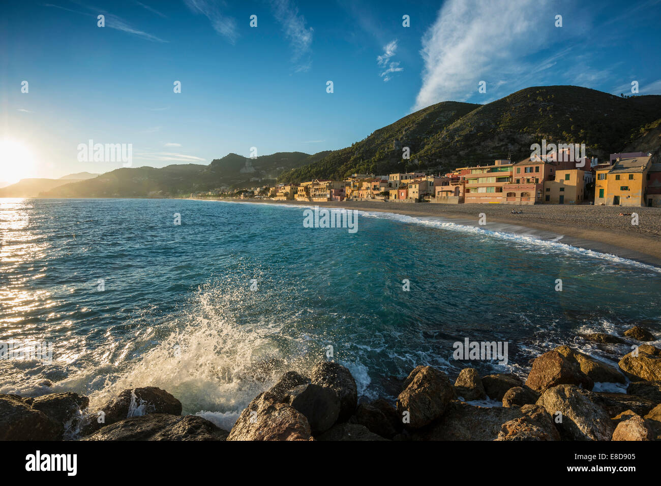 Typical houses on the beach in the evening light, Varigotti, Finale ...