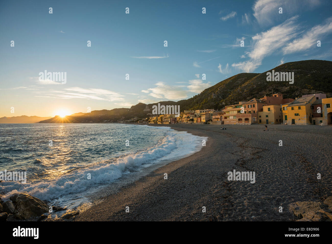 Typical houses on the beach at sunset, Varigotti, Finale Ligure ...