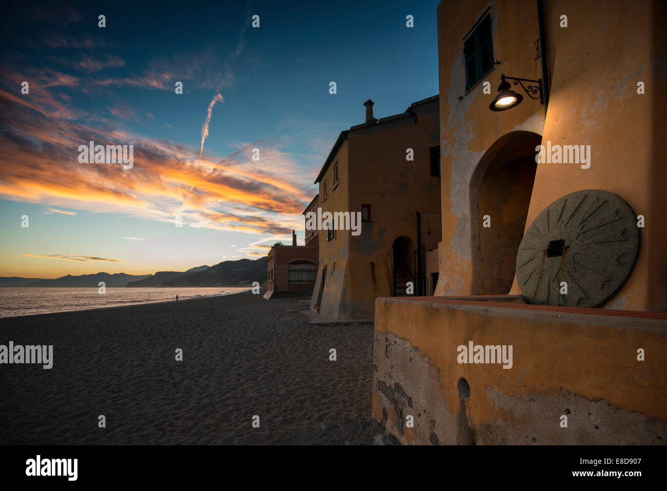 Typical houses on the beach in the evening, Varigotti, Finale Ligure ...