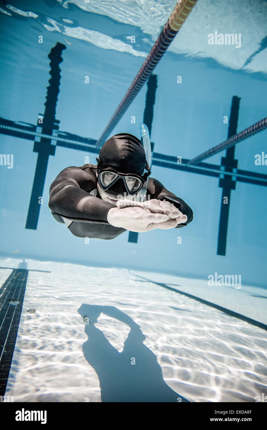 Freediver Holding his breath and Performing during a AIDA DYN ...