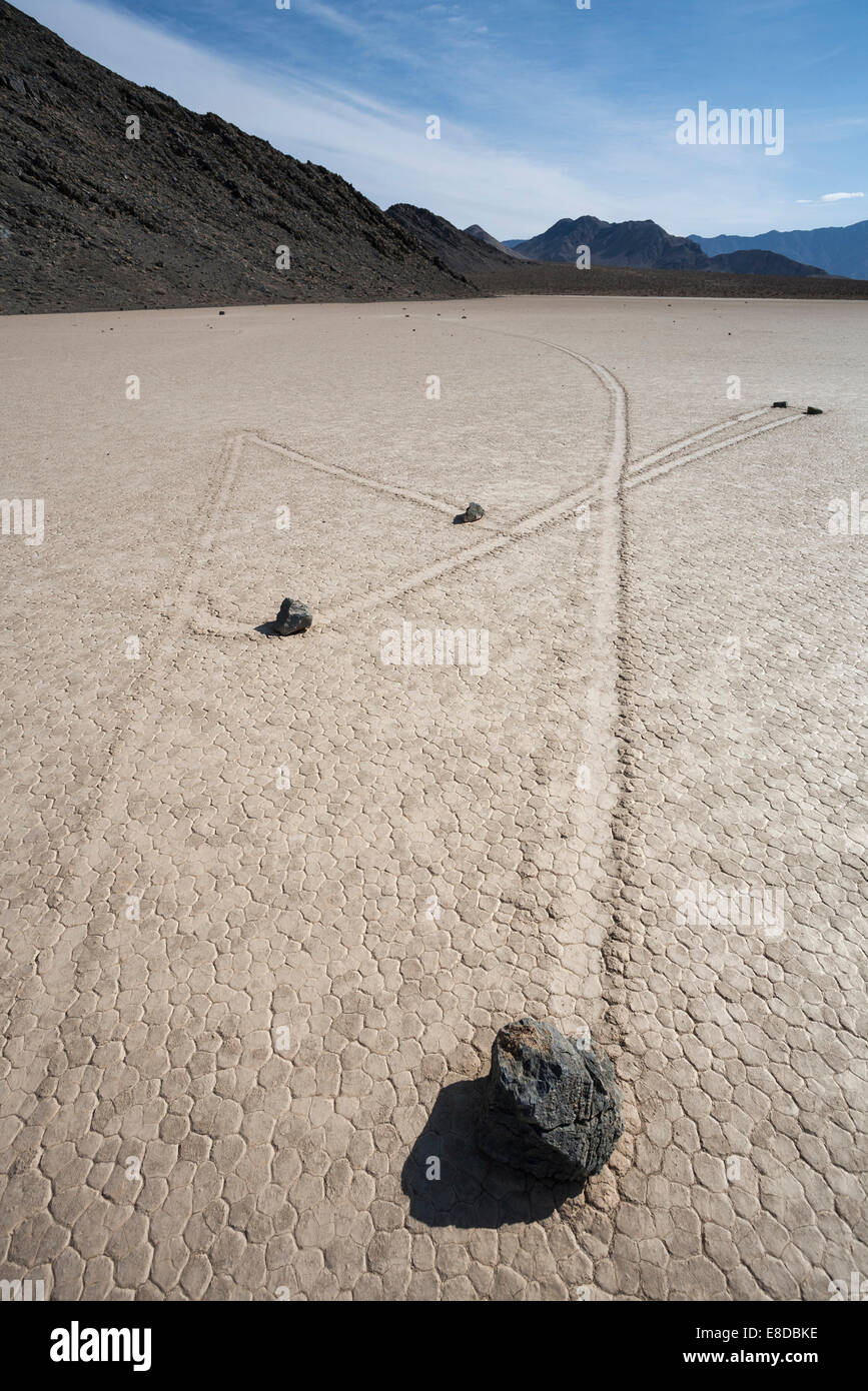 Tracks created by the mysterious moving rocks at the "Racetrack", a dry ...