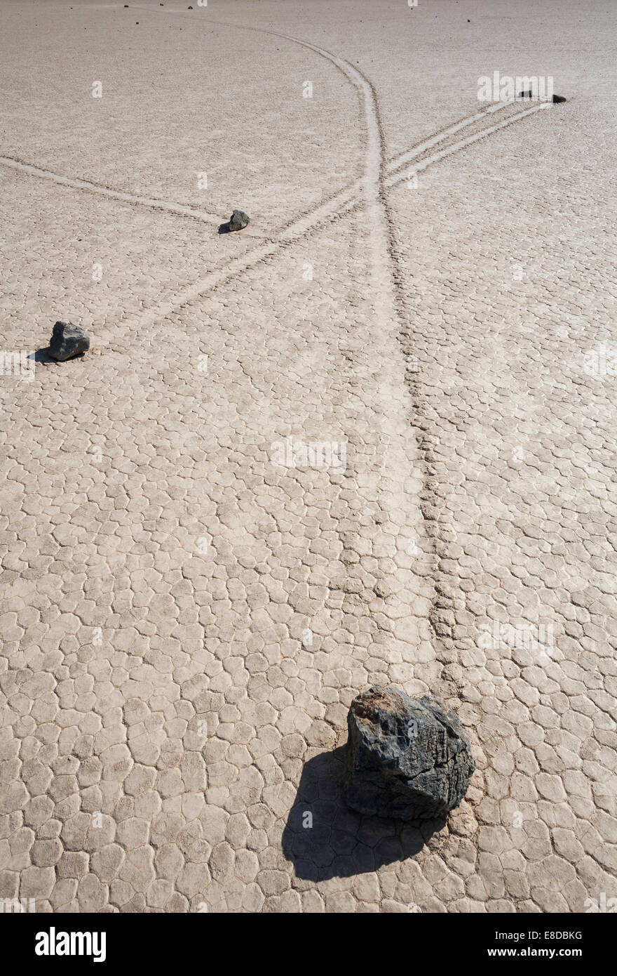 Tracks created by the mysterious moving rocks at the "Racetrack", a dry ...