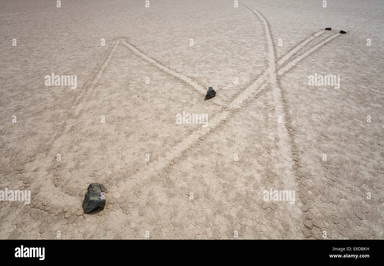 Tracks created by the mysterious moving rocks at the "Racetrack", a dry ...