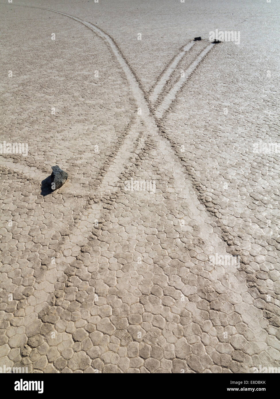 Tracks created by the mysterious moving rocks at the "Racetrack", a dry ...