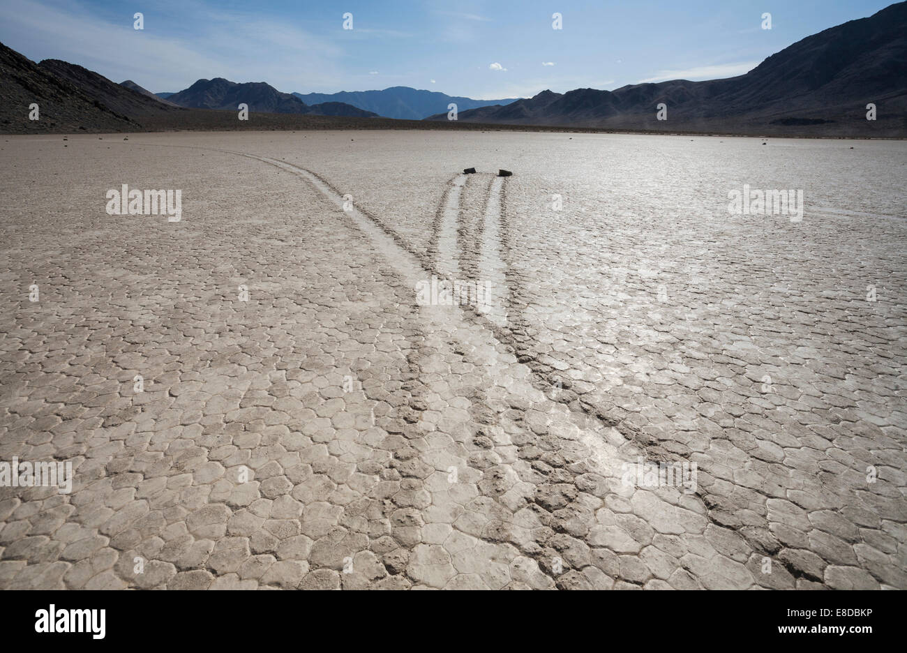 Tracks created by the mysterious moving rocks at the "Racetrack", a dry ...