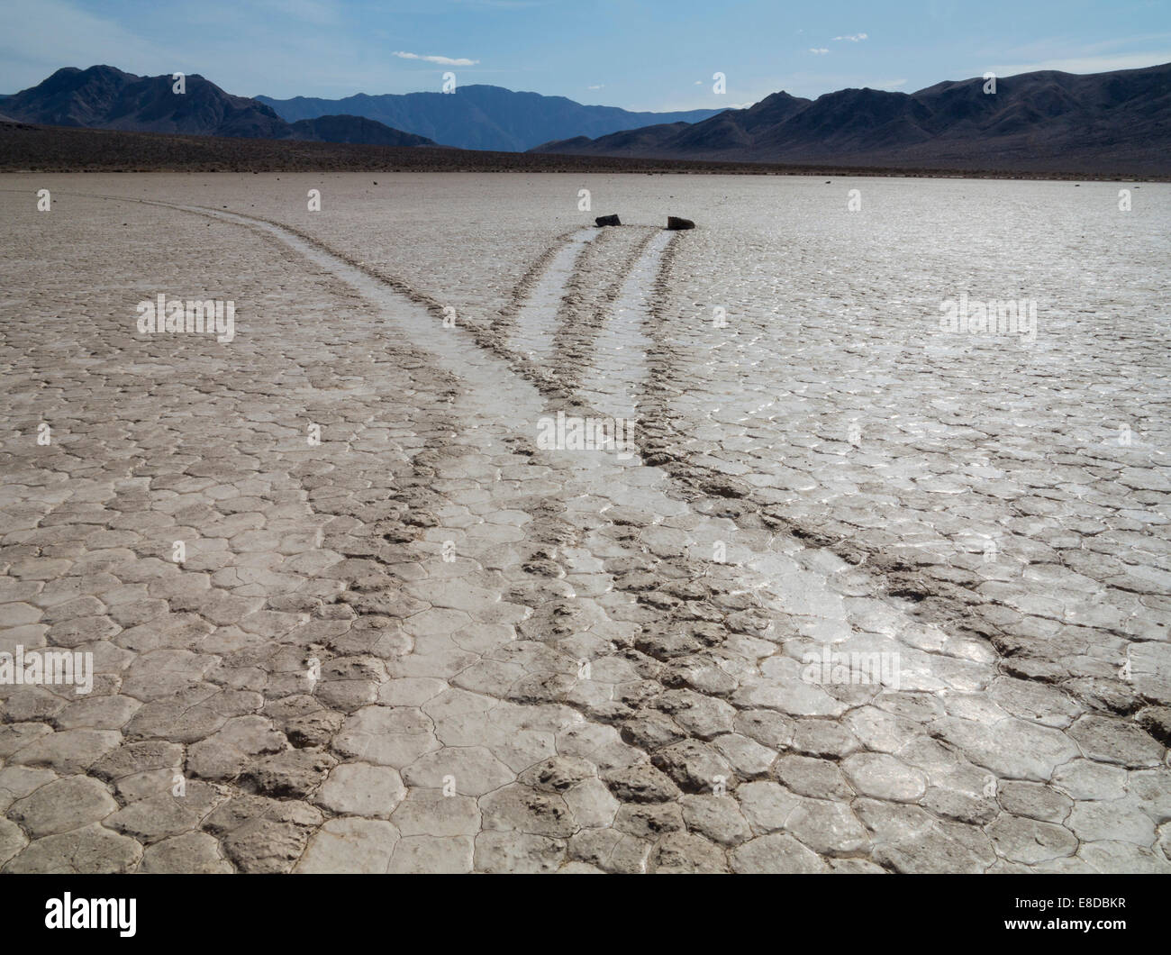 Tracks created by the mysterious moving rocks at the "Racetrack", a dry ...