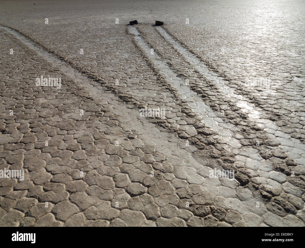 Tracks created by the mysterious moving rocks at the "Racetrack", a dry ...