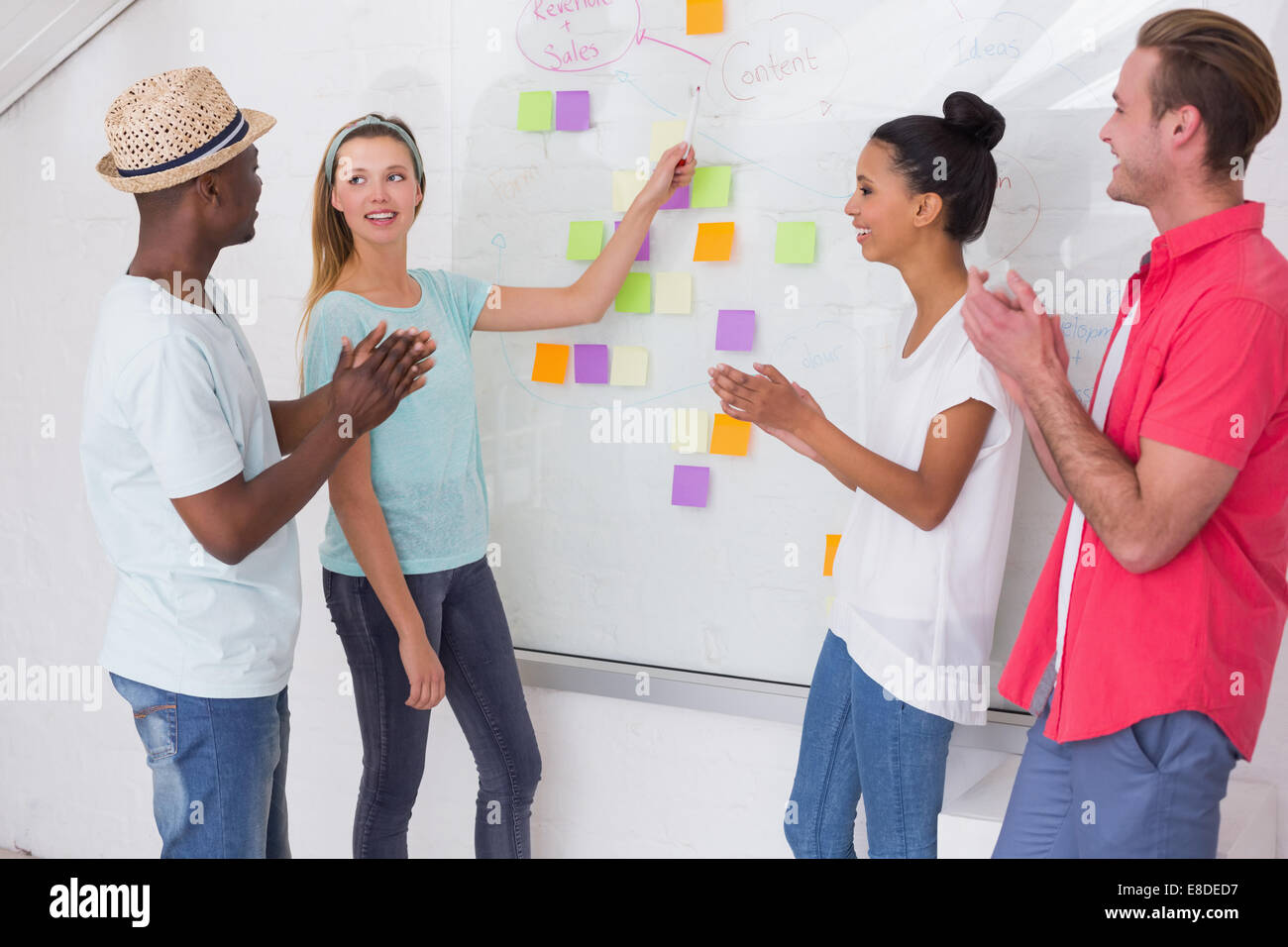 Creative team clapping hands by sticky notes on wall Stock Photo - Alamy
